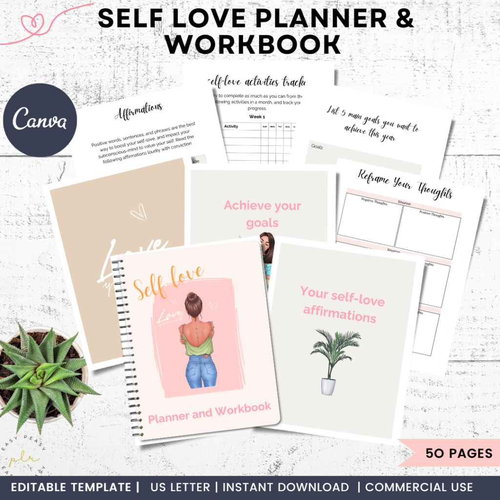 Self Love Planner and Workbook Template- 50 Pages ...
