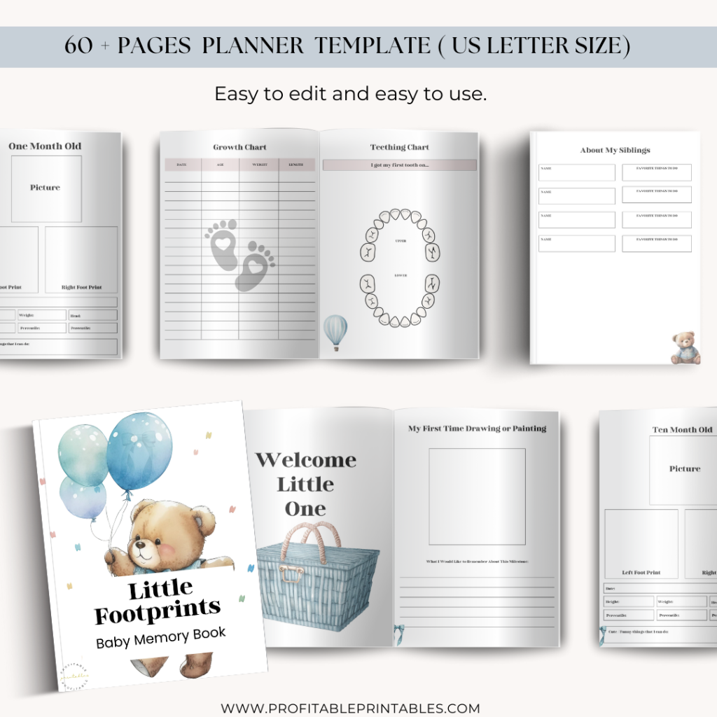 Baby Memory Book BLUE (Editable Canva Template )- 60 PLUS PAGES ...